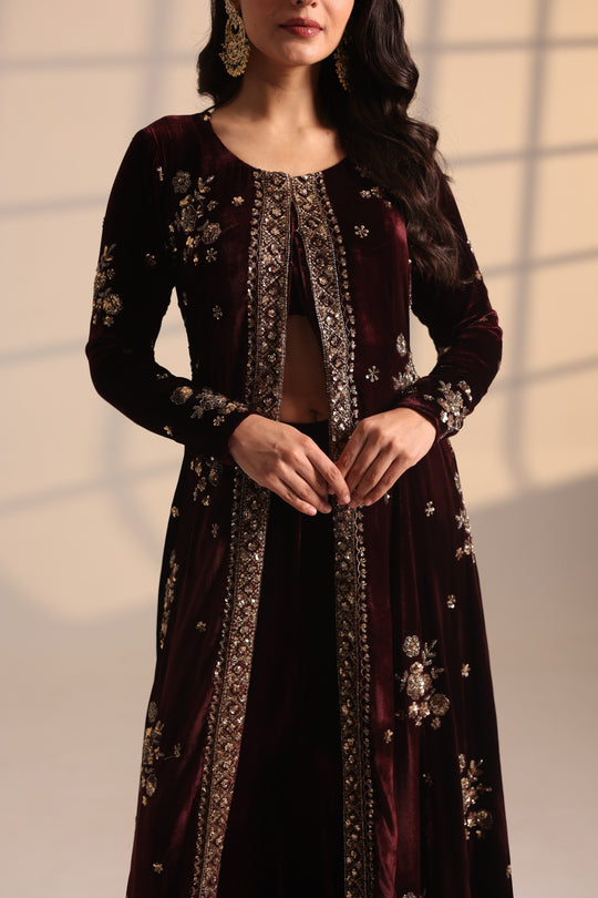 Wine Long Cape And Antique Sequence Work With Plazo Pant Set – Astha Narang