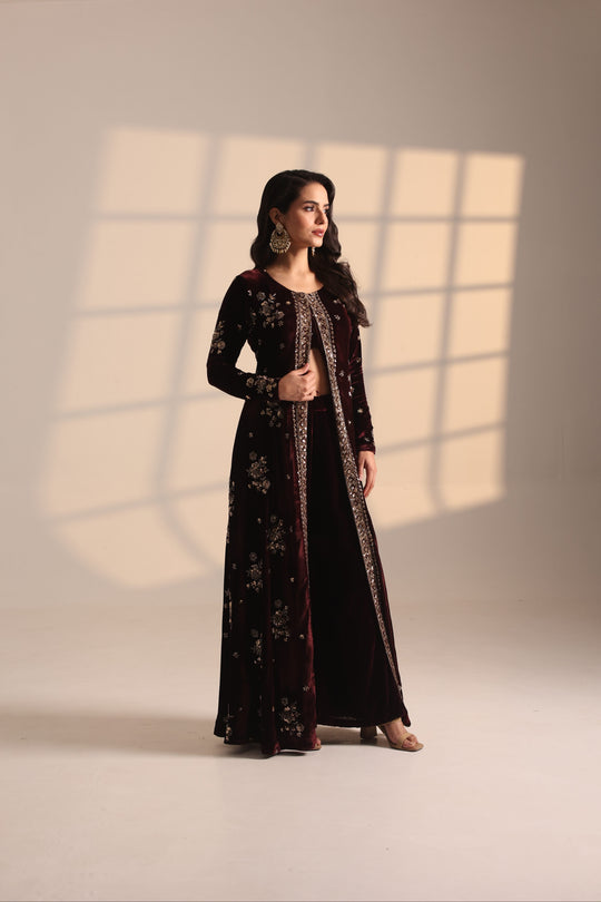 Wine Long Cape And Antique Sequence Work With Plazo Pant Set – Astha Narang
