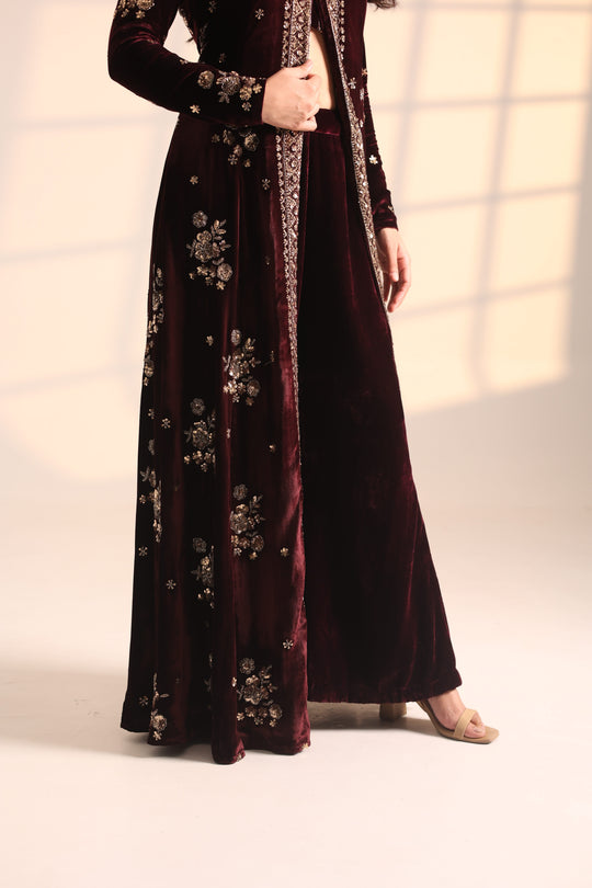 Wine Long Cape And Antique Sequence Work With Plazo Pant Set – Astha Narang