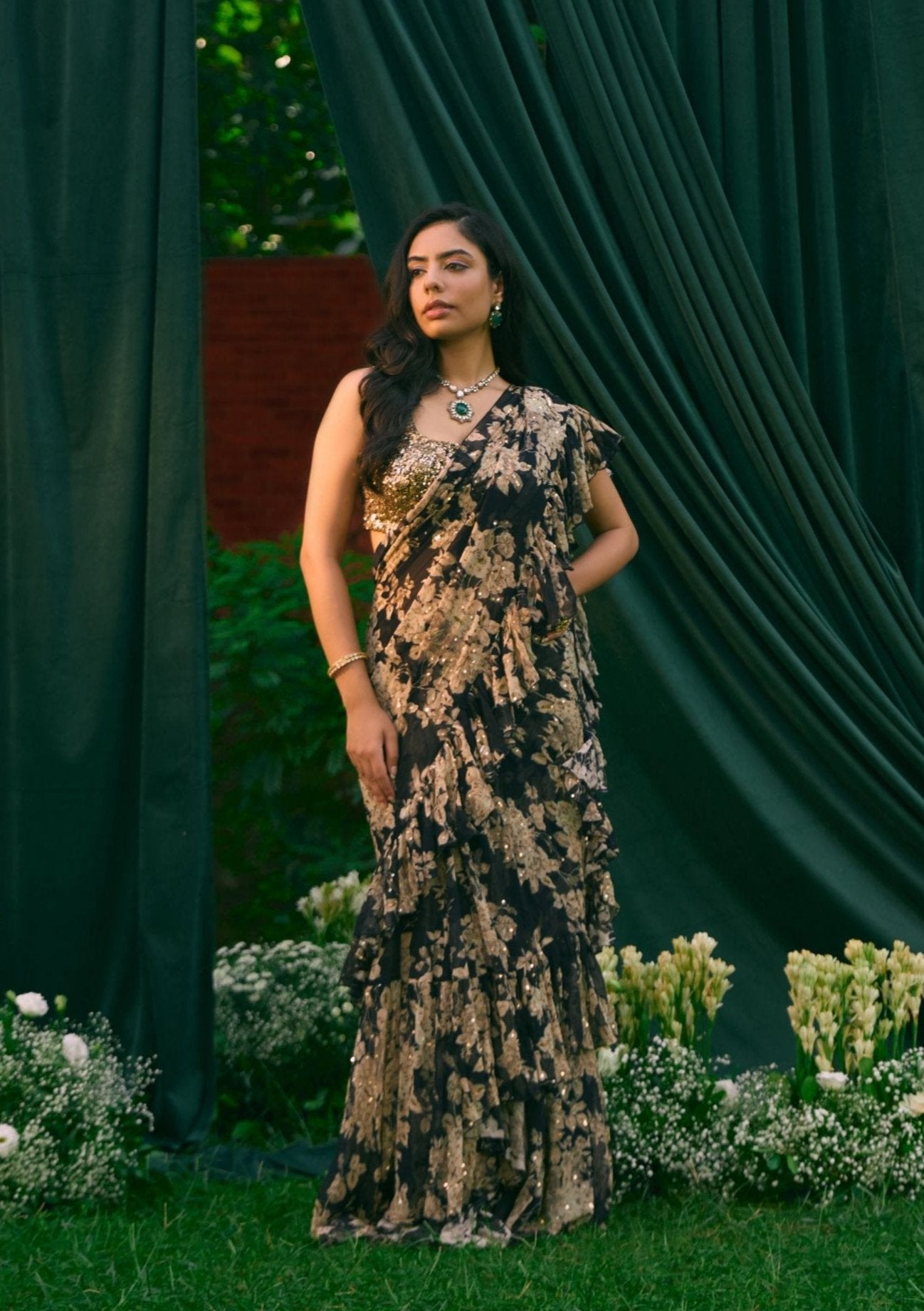 Shop Black Designer Chiffon Floral Frill Saree Set | Astha Narang